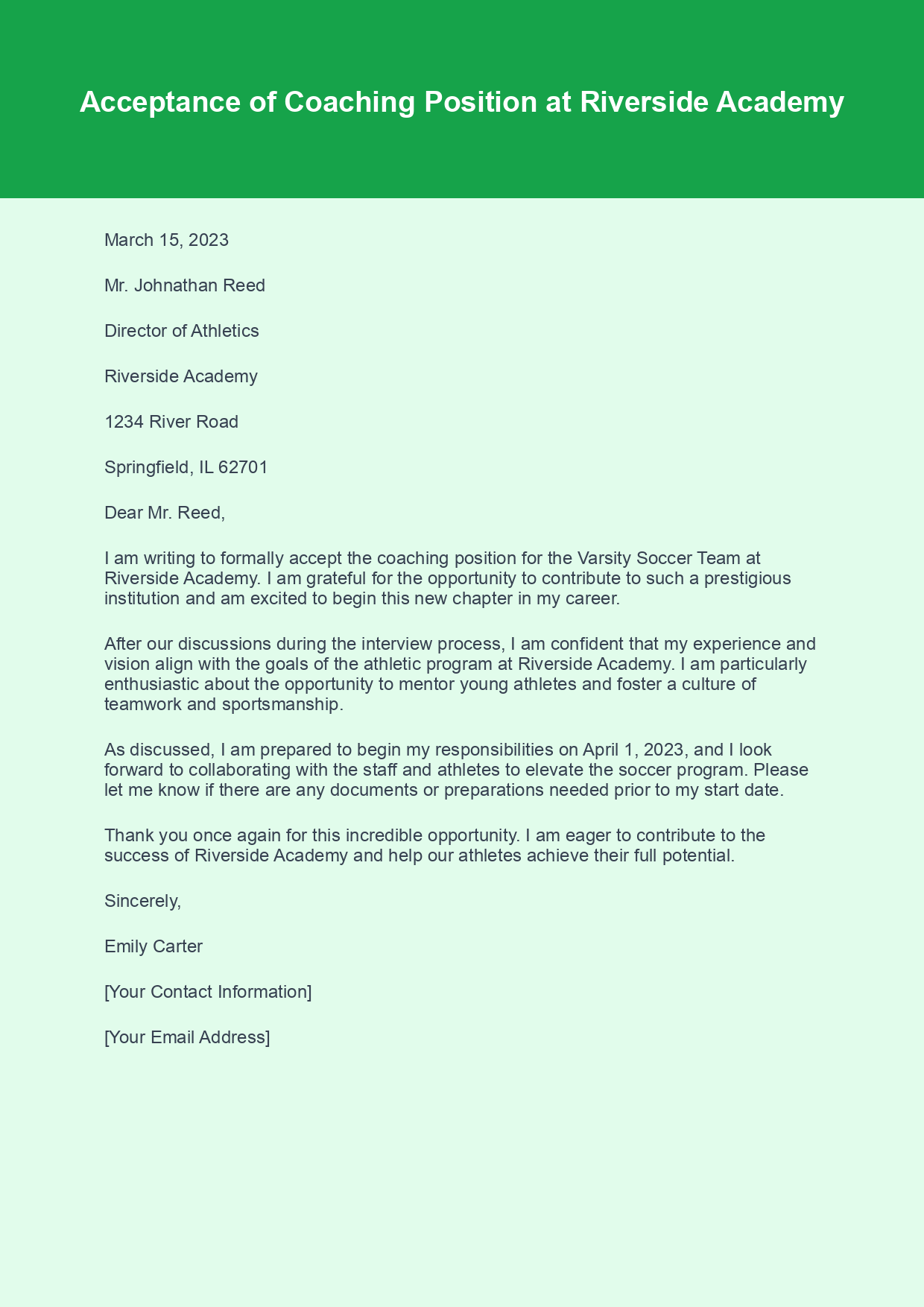 Acceptance Letter for Coaching Position Sample