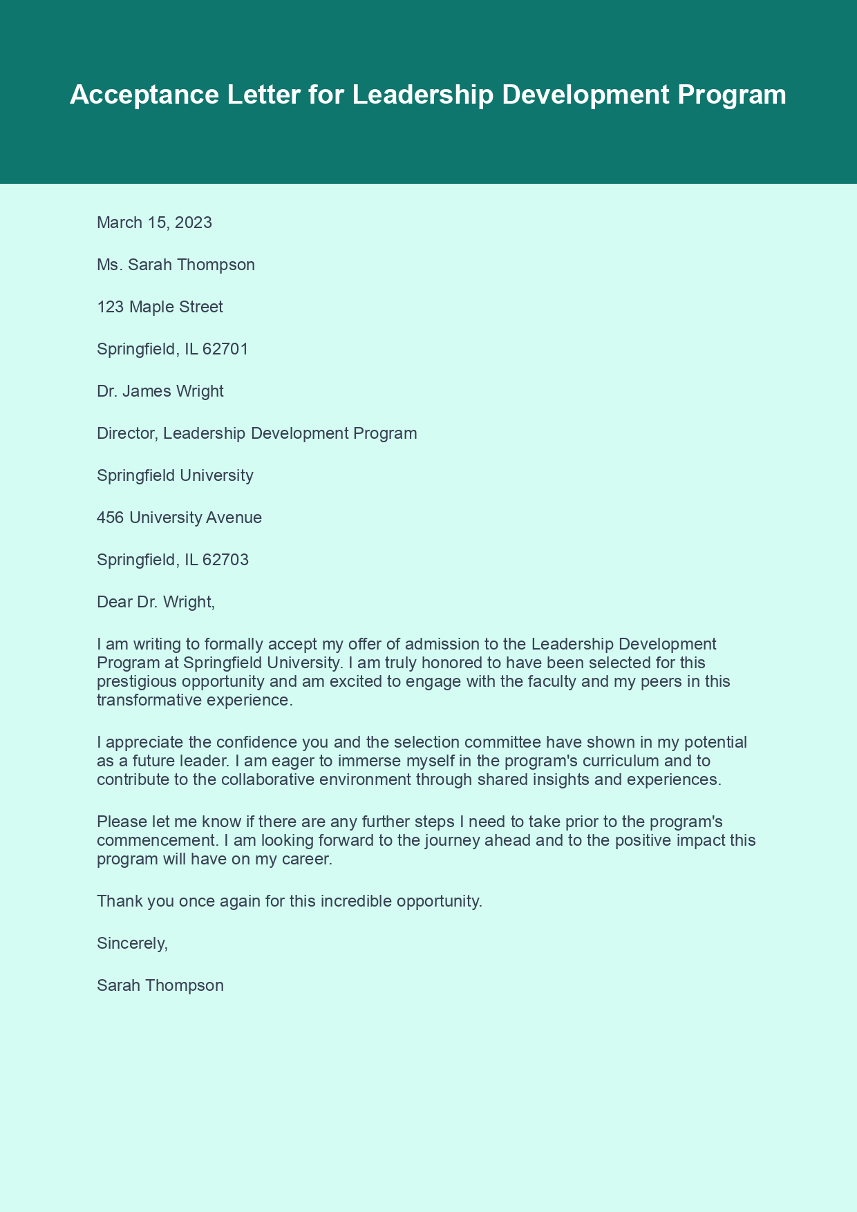 Acceptance Letter for Leadership Program Sample