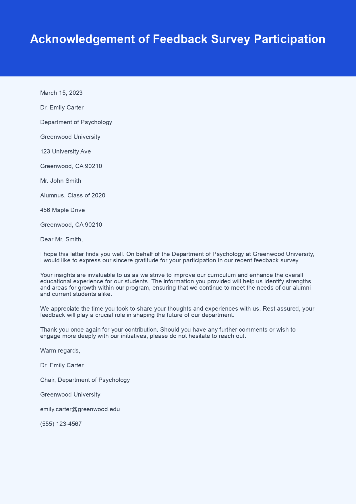 Acknowledgement Letter for Feedback Survey Participation Example