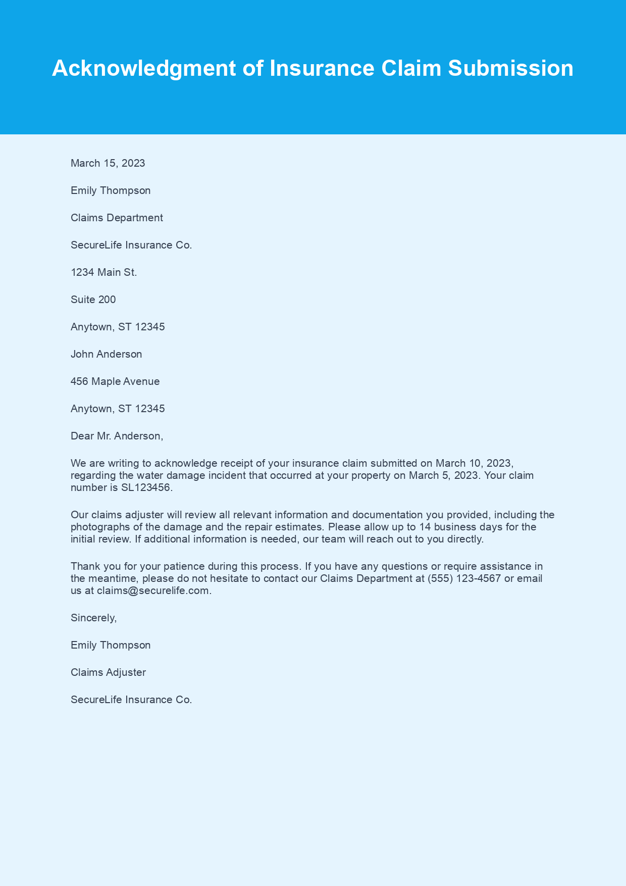 Acknowledgement Letter for Insurance Claim Submission Sample