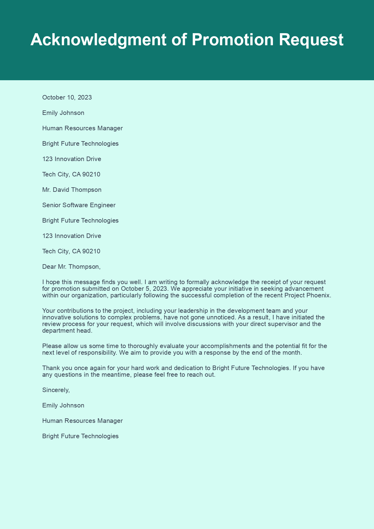 Acknowledgement Letter for Promotion Request Sample